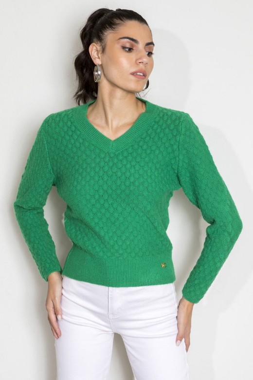 Textured knitted blouse with V EMERALD GREEN | Womens Clothes Cento Fashion